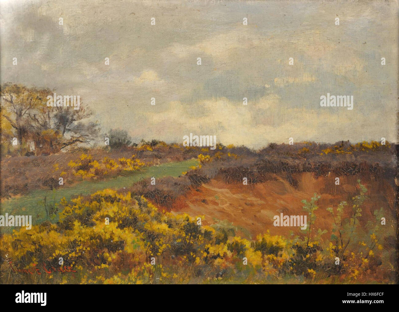 A landscape painting depicting a sand pit on Surrey heathland, showing ...