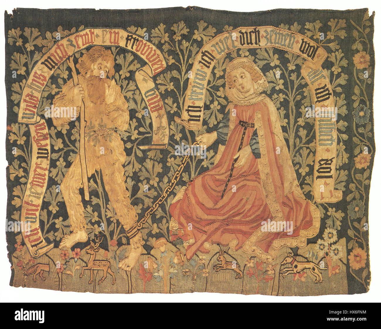This German artwork portrays a noblewoman taming a wild man ...