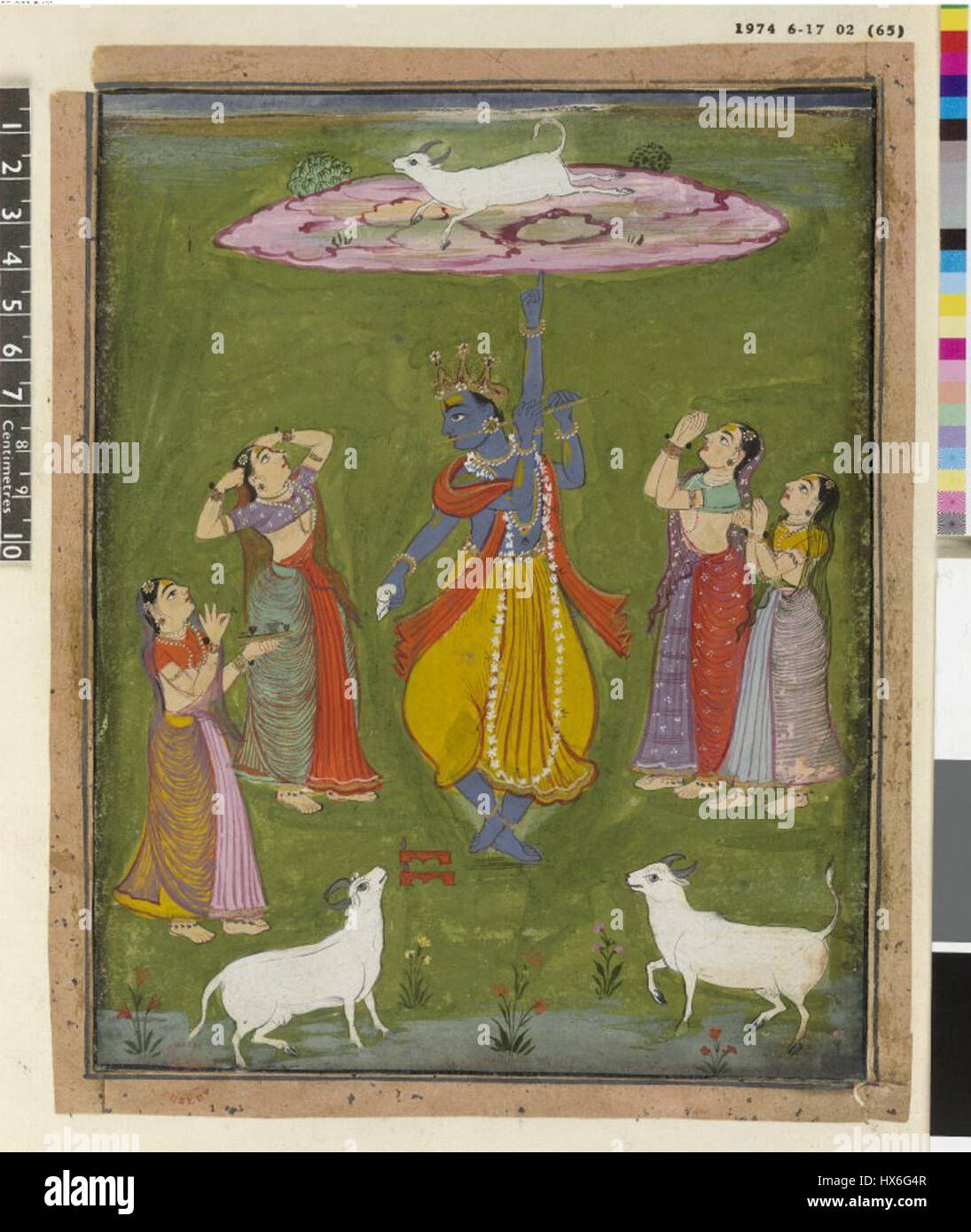 This artwork depicts the deity Govardhanadhara, a form of the Hindu god Krishna, holding Mount ...