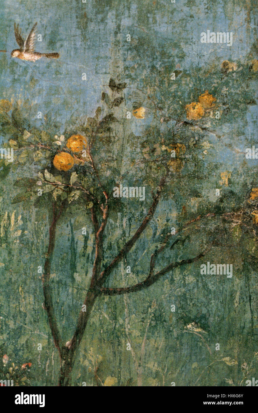 The frescoes in the Villa di Livia depict a lush garden scene, with a ...