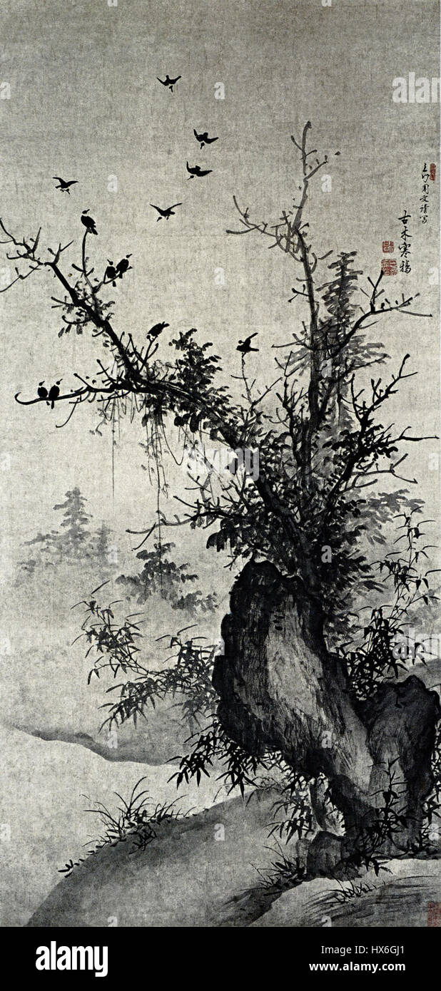 Zhou Wenjing's 'Ancient Tree and Jackdaws' depicts a large, ancient ...