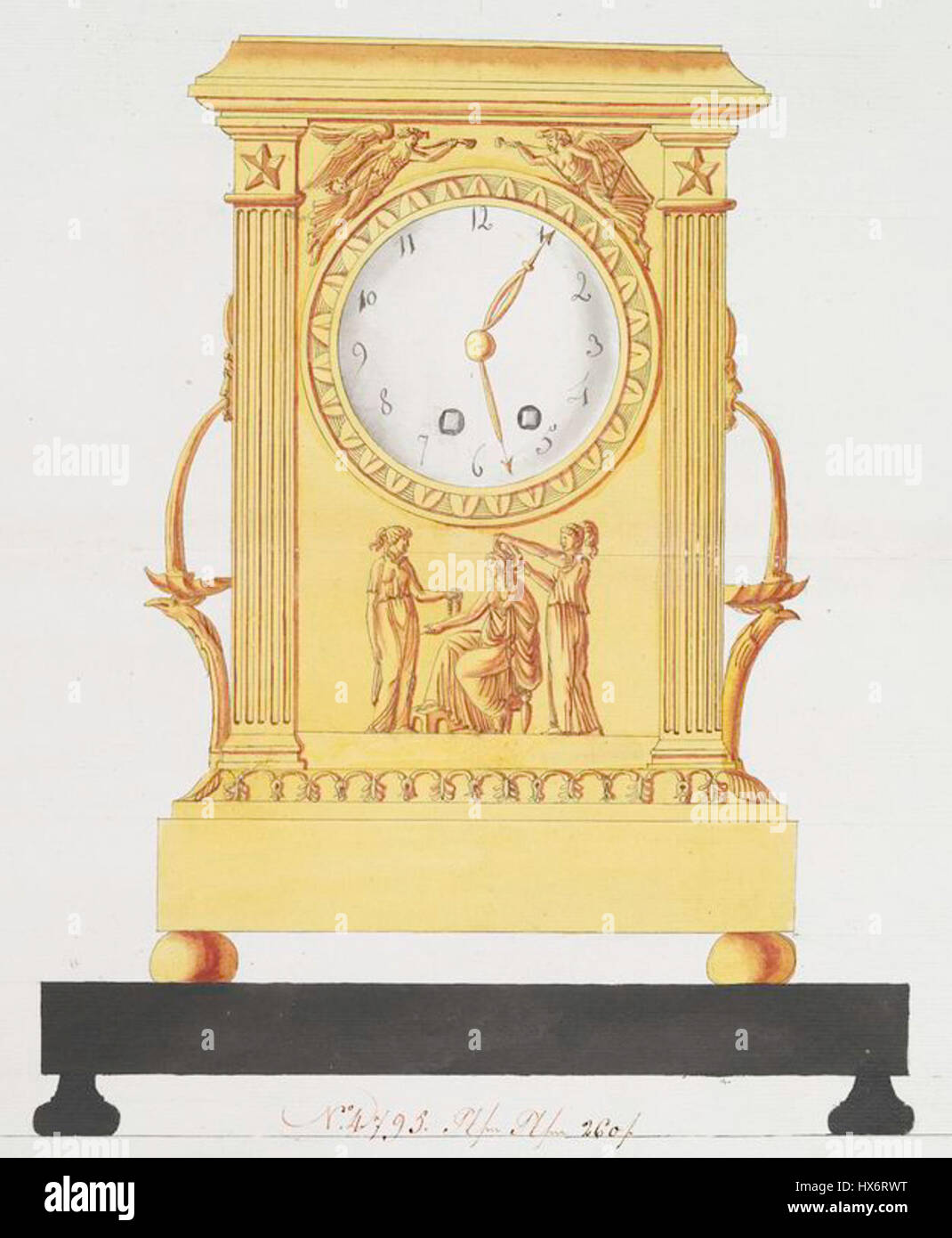 This sketch of a French Empire clock highlights the neoclassical design ...