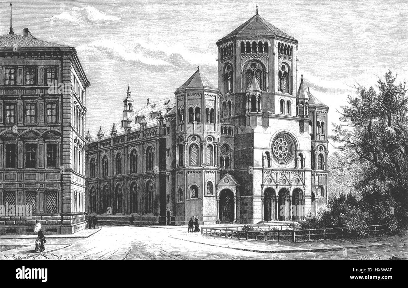 This artwork depicts a 14th-century synagogue, showcasing its ...