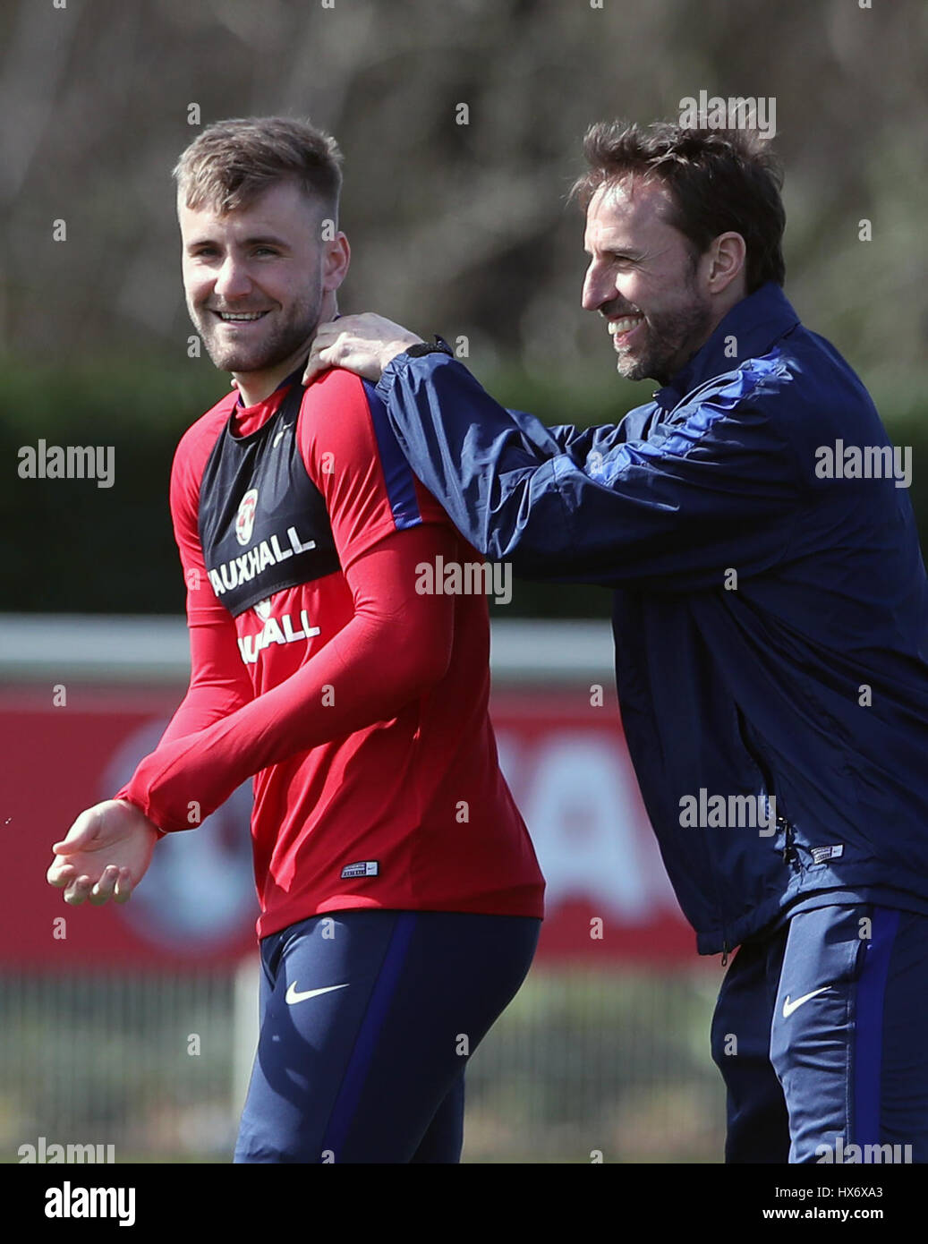 England manager Gareth Southgate shares a joke with Luke Shaw during ...