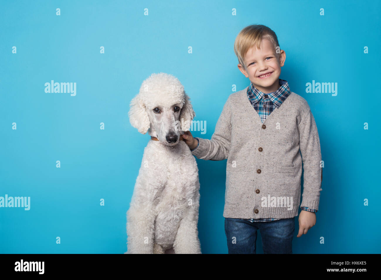 Fashionable boy with dog. Friendship. Pets. Studio portrait over blue ...