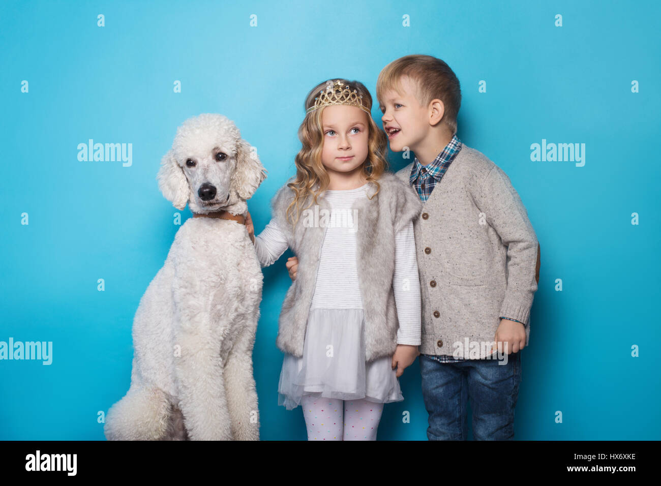 Little princess and handsome boy with Royal poodle. Love. Friendship ...