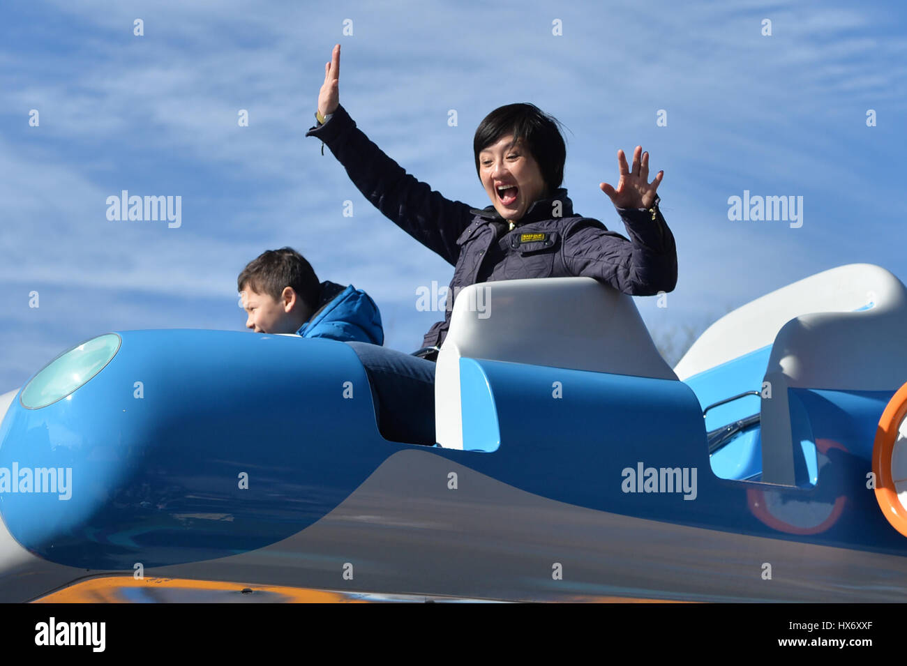 EDITORIAL USE ONLY Pui Fan Lee rides on the GoJetters ride during the ...