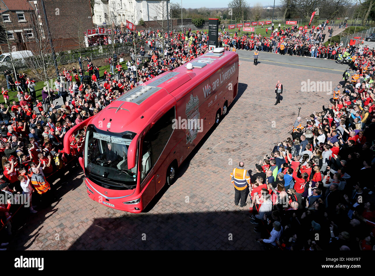 The Liverpool Legends bus arrives before the charity match at Anfield ...