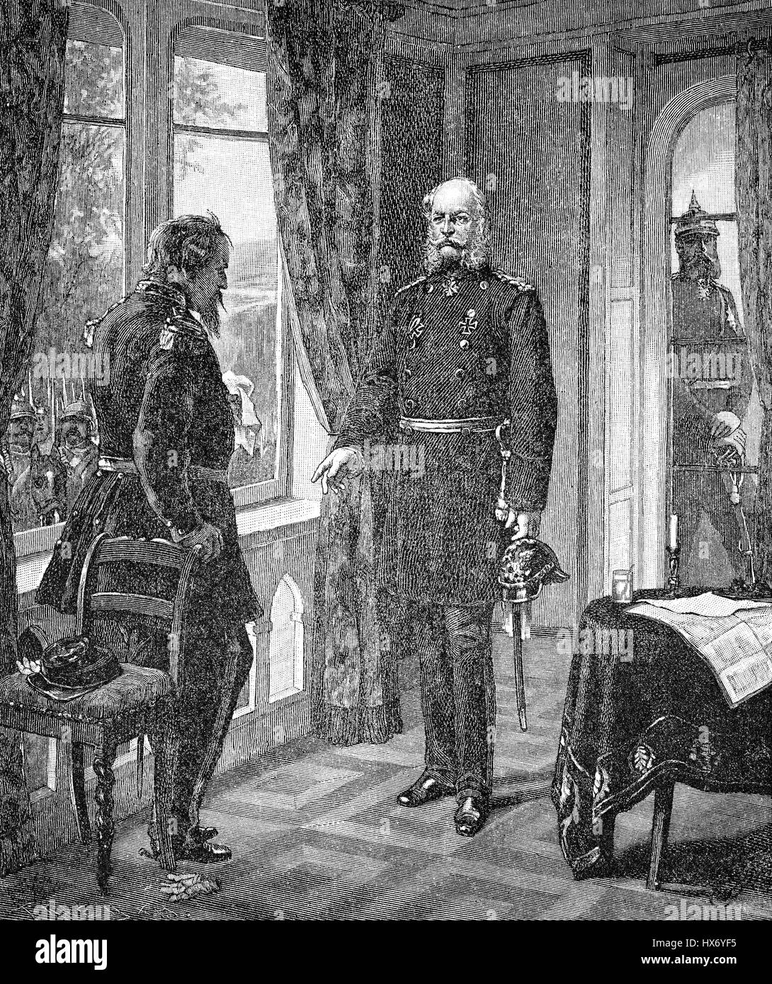 Meeting between William I and Napoleon III to surrender, 1870 Stock ...