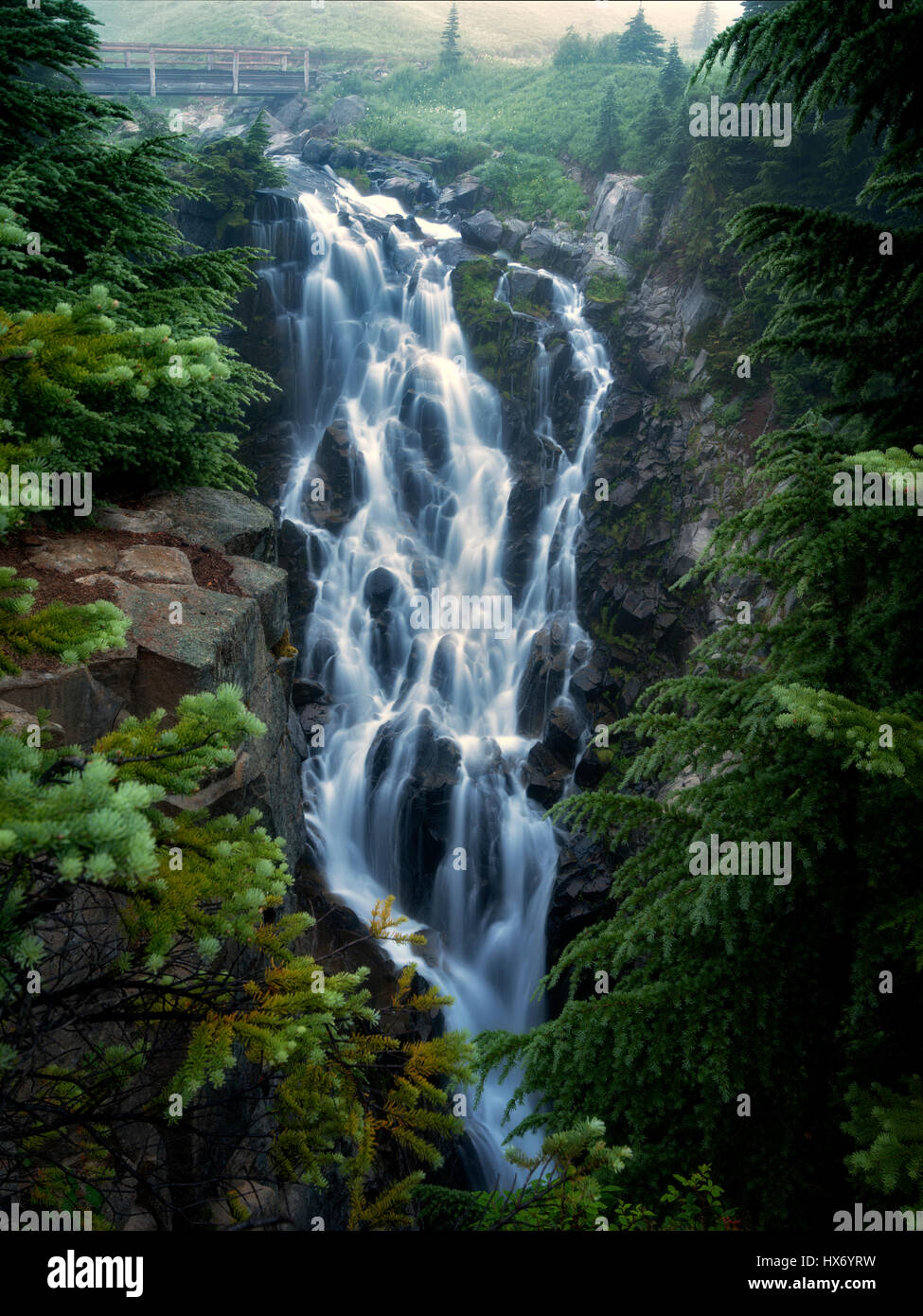 Myrtle Falls and fog. Mt. Rainier National Park, Washington Stock Photo ...