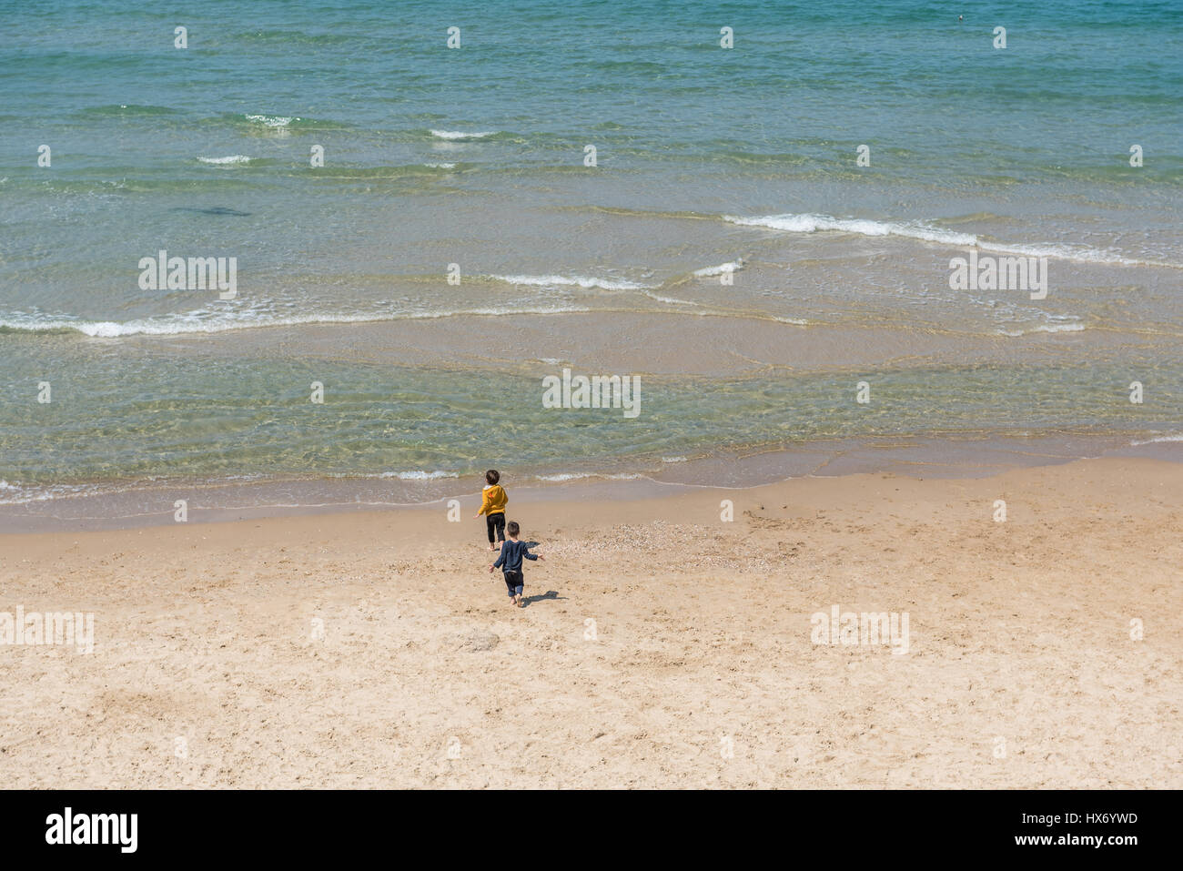 Kids playing on the beach seen from above, Tel Aviv-Yafo, Israel Stock ...