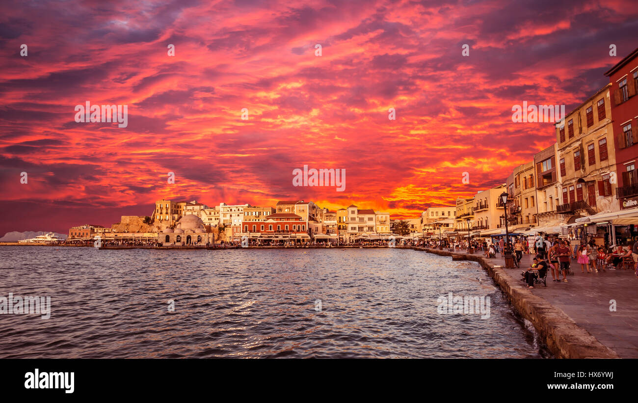 CHANIA, CRETE ISLAND, GREECE - JUNE 28, 2016: Sunset view of the old ...