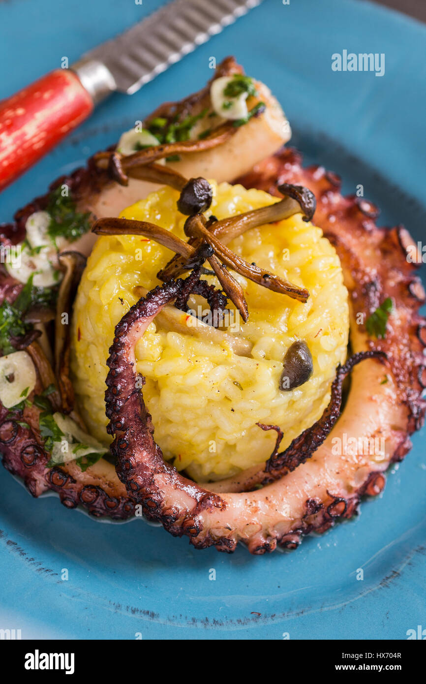 Grilled Seafood Octopus on Saffron Risotto with Brown Shimeji Mushrooms ...