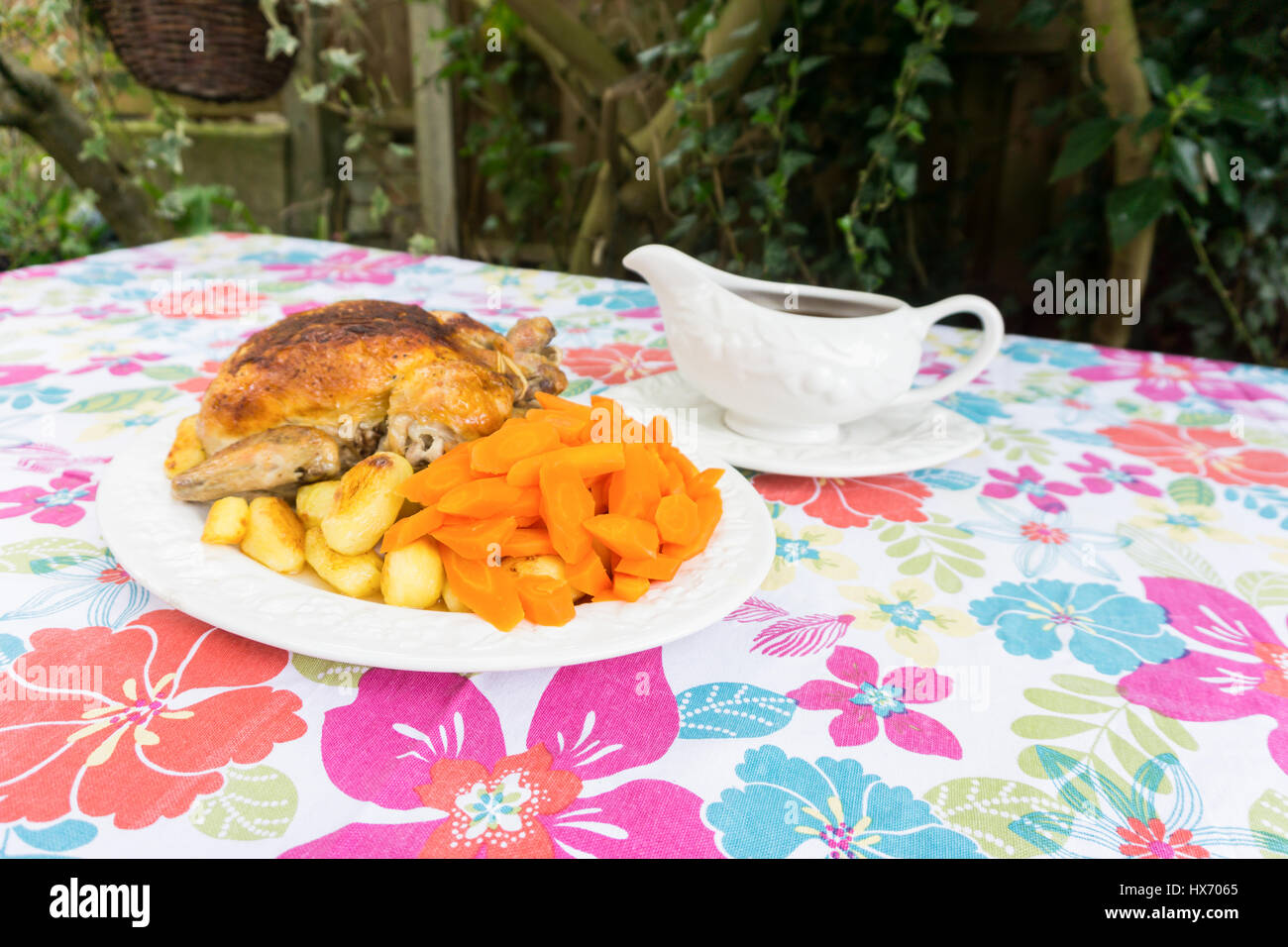 Roast dinner chicken carrots spuds gravy Stock Photo - Alamy