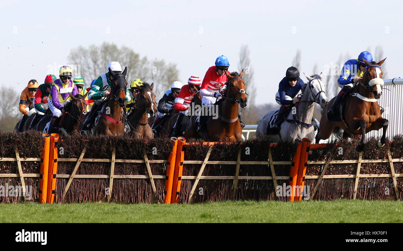 Snow Leopardess (second right) ridden by Aidan Coleman clears an early ...