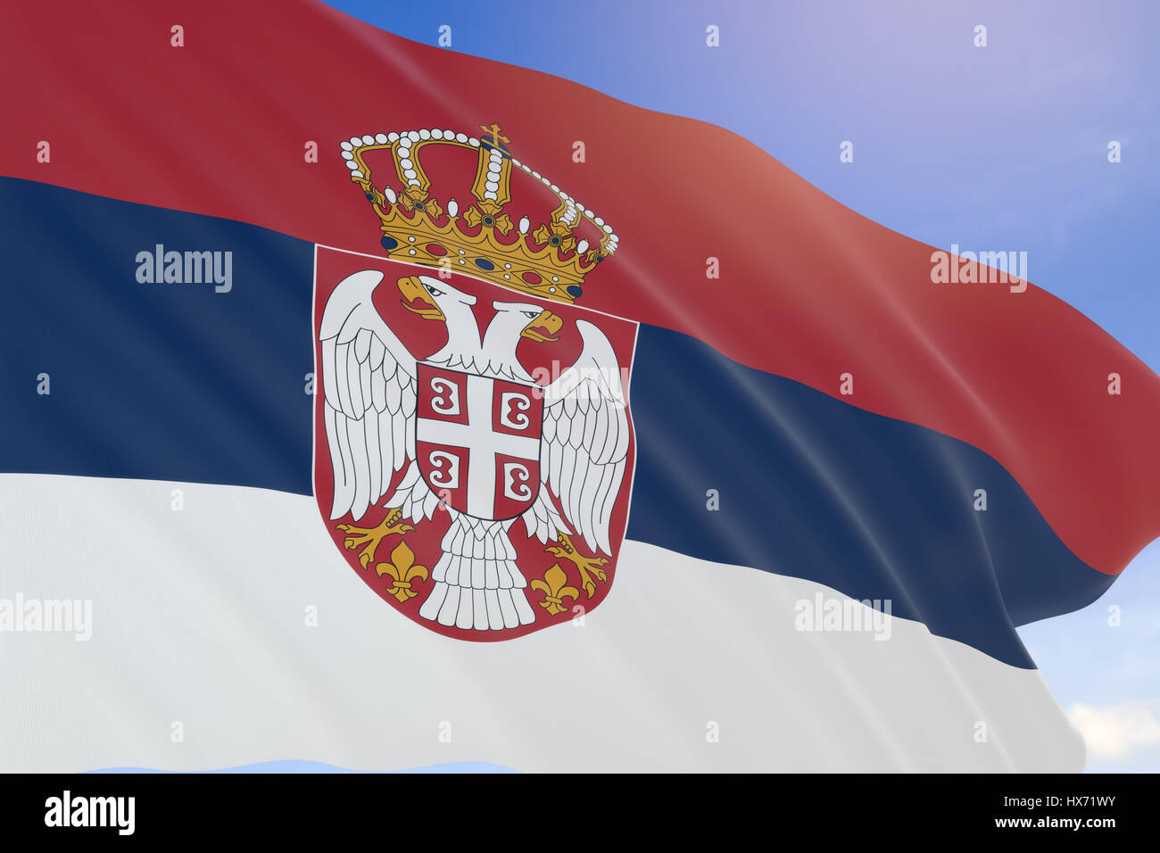 3D rendering of Serbia flag waving on blue sky background, Statehood ...