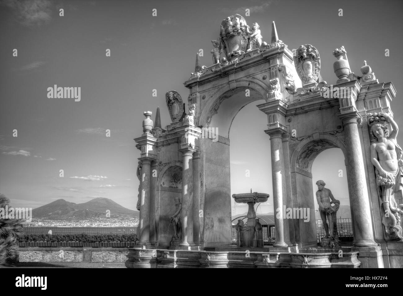 Iconic b&w image of Fontana del Gigante at Via Partenope, in Naples ...