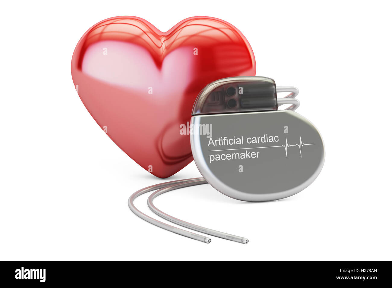 Artificial cardiac pacemaker with red heart, 3D rendering isolated on ...