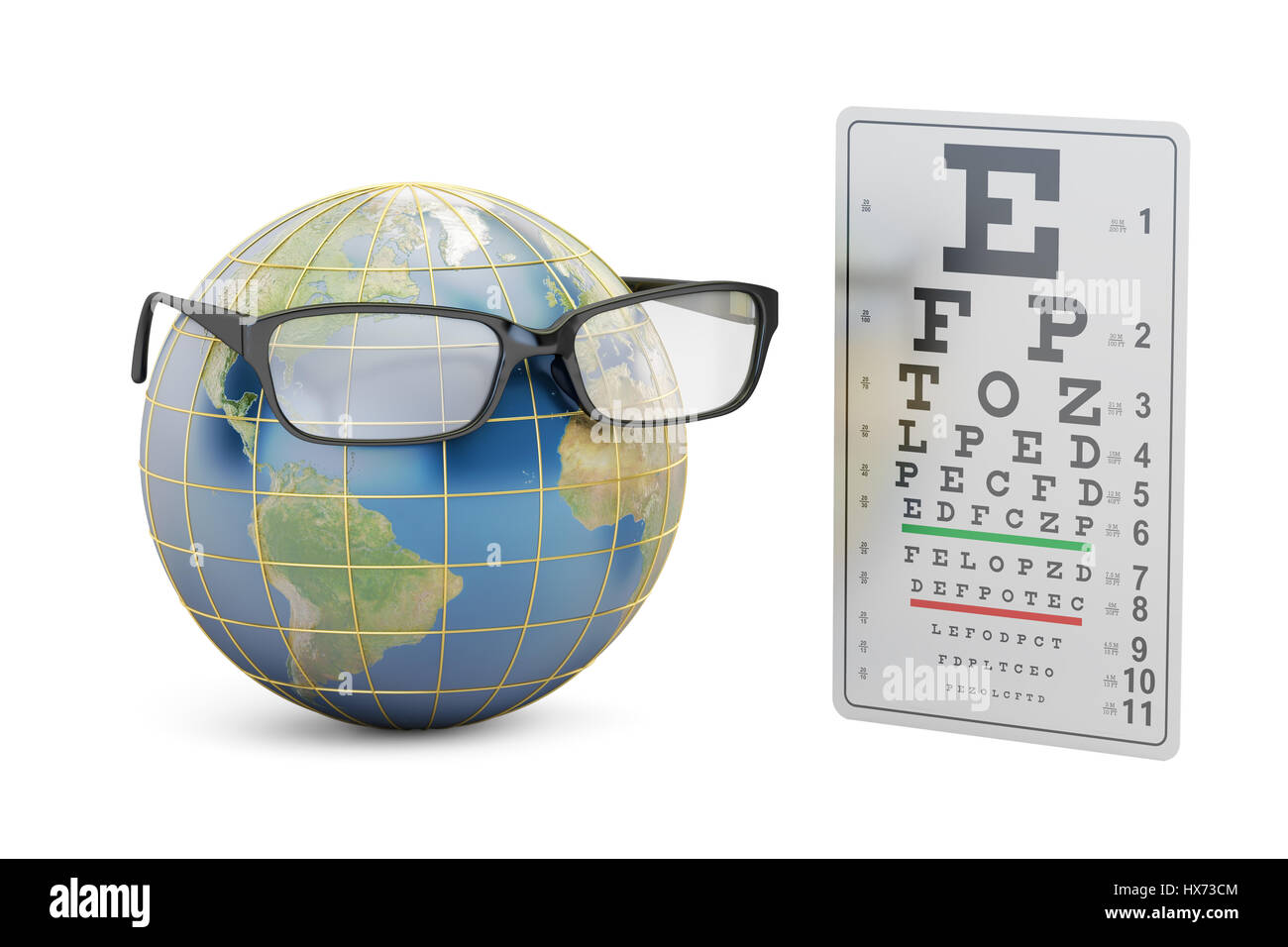 World Sight Day concept, eyeglasses with Earth globe and eye test chart ...