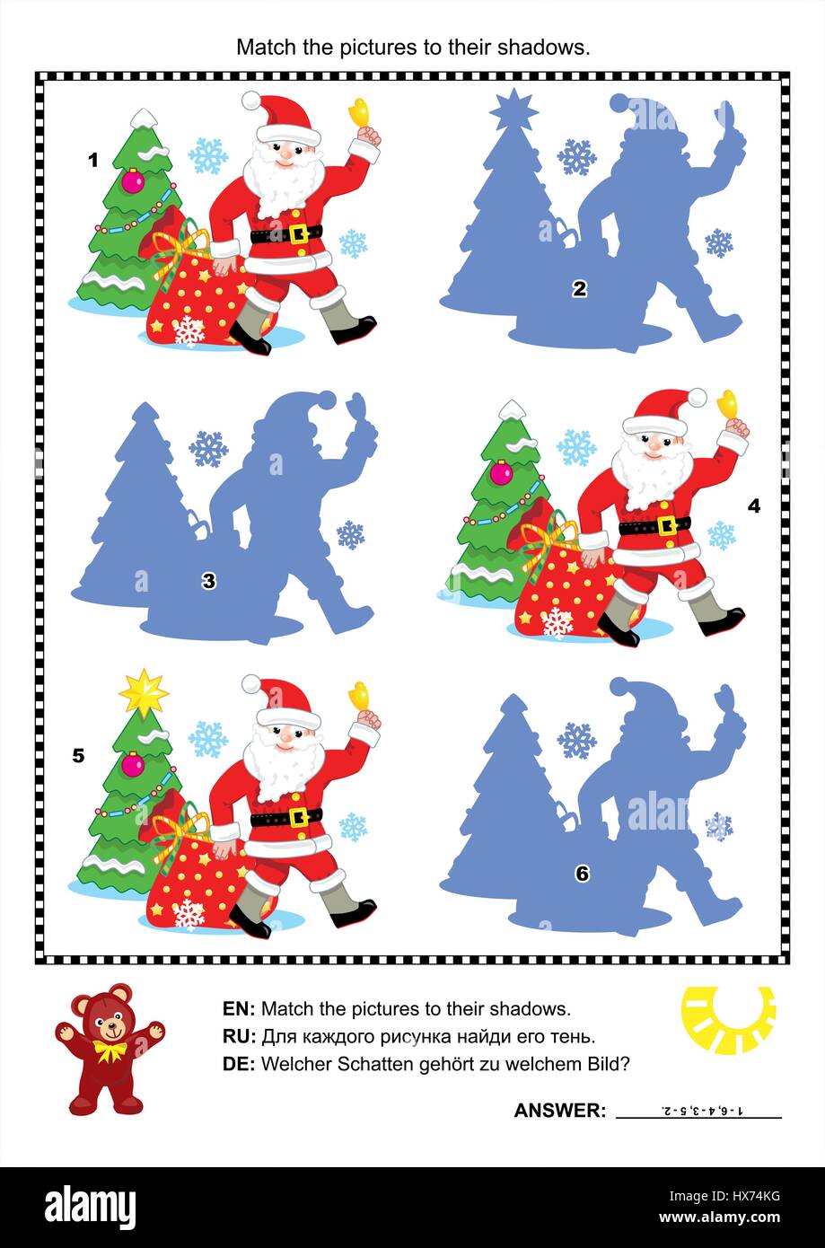Visual puzzle with Santa, his sack full of presents, and christmas tree ...
