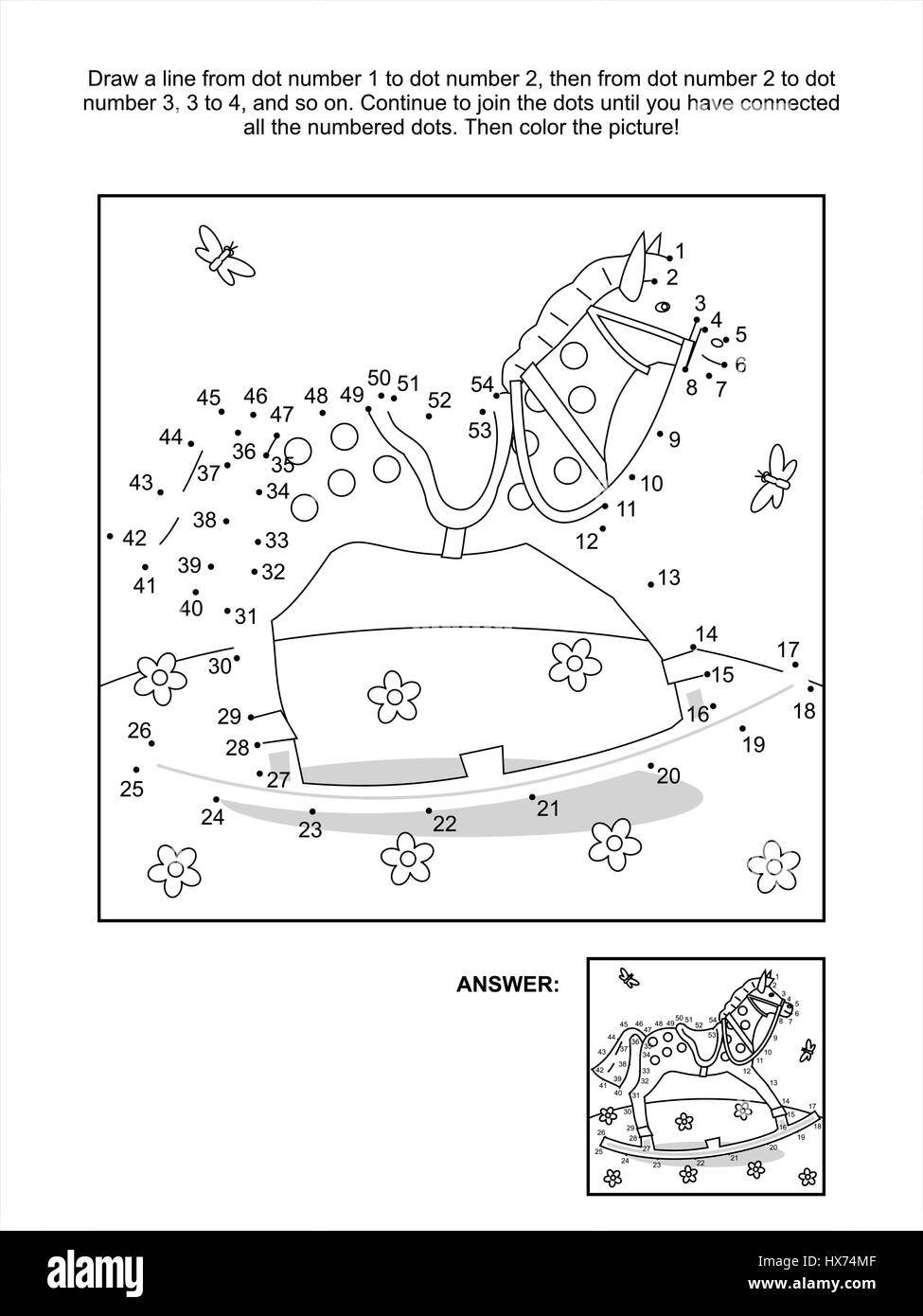 Connect the dots picture puzzle and coloring page - rocking horse ...