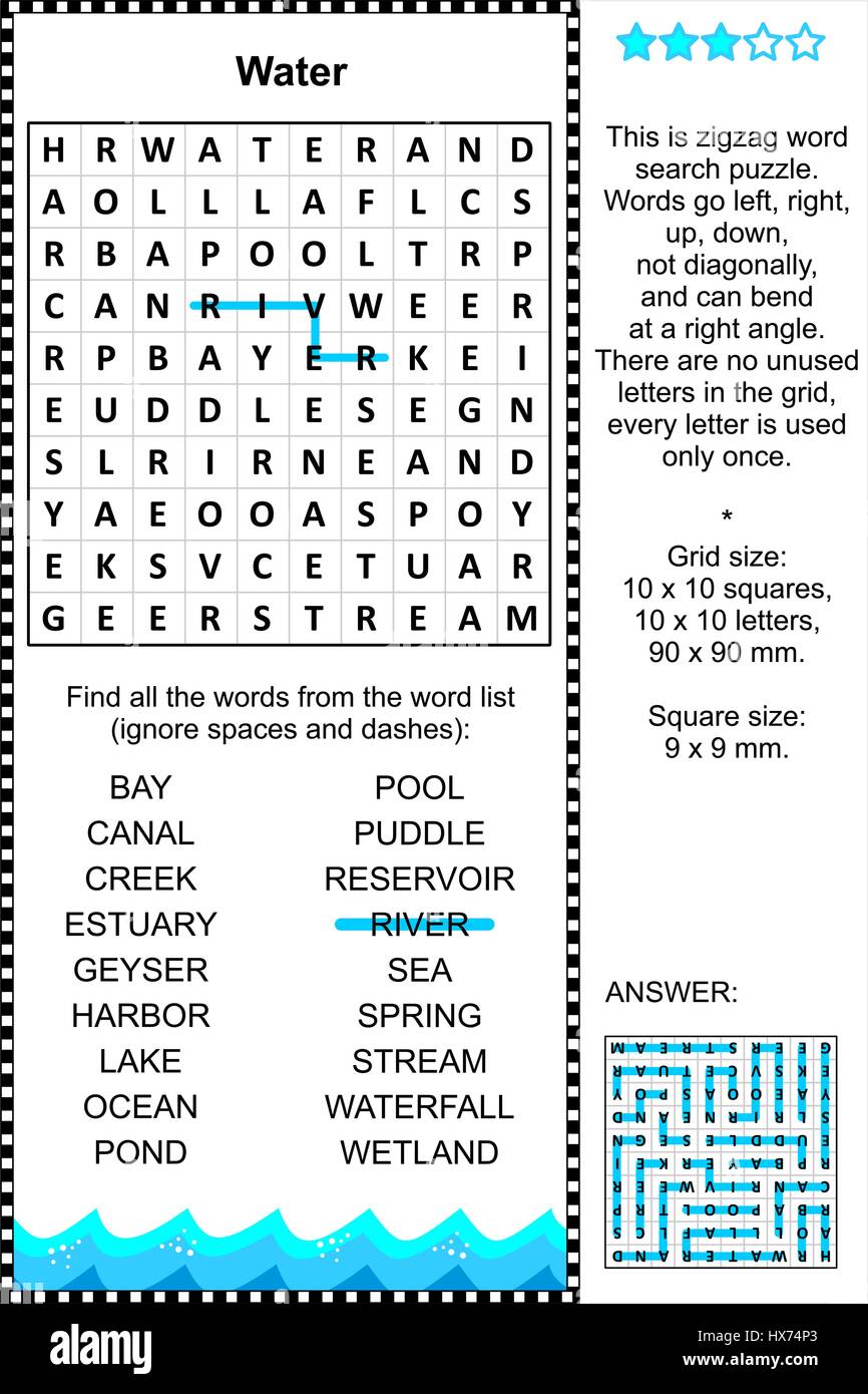 Water themed zigzag word search puzzle (suitable both for kids and ...