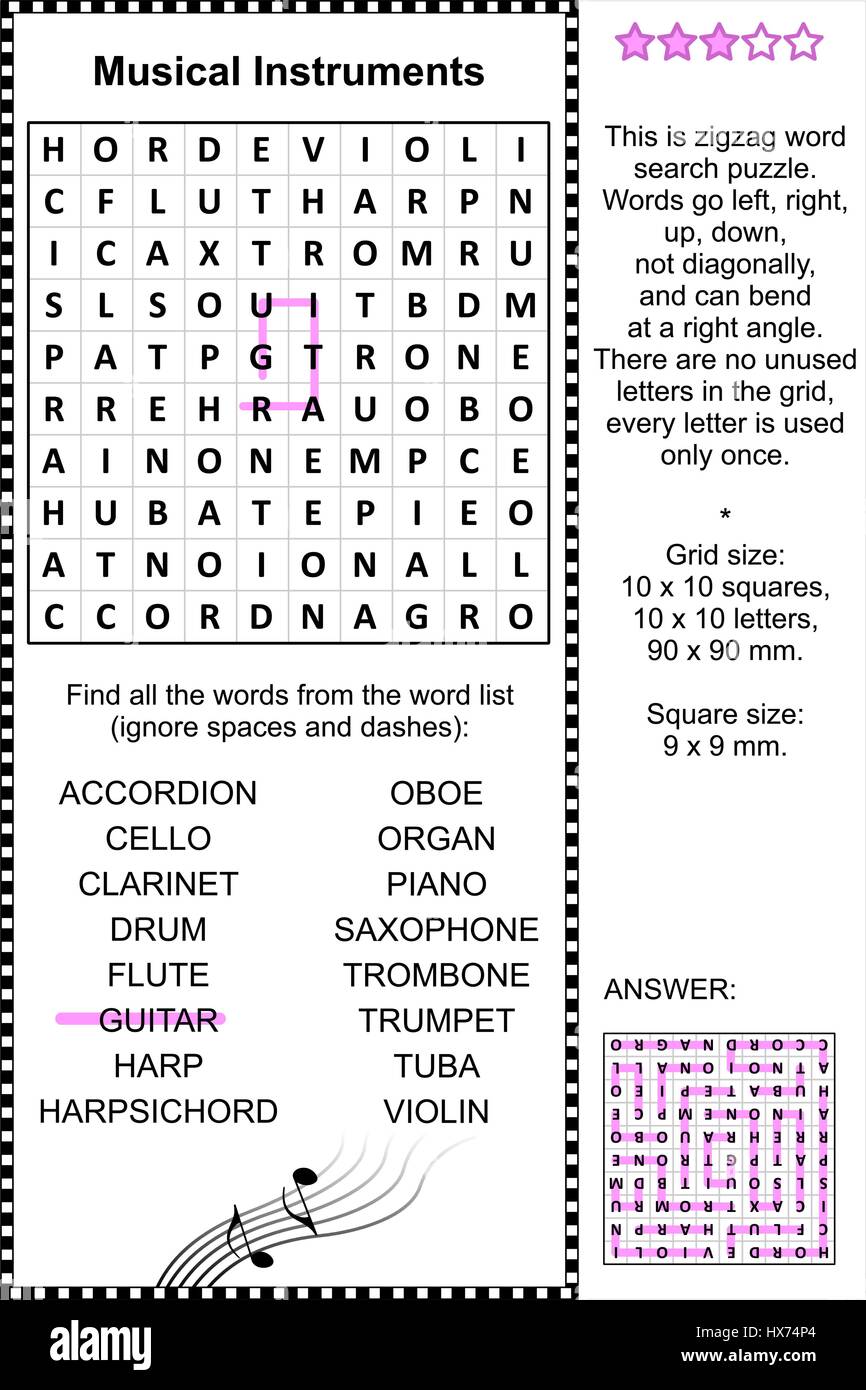 Musical instruments themed zigzag word search puzzle (suitable both for ...
