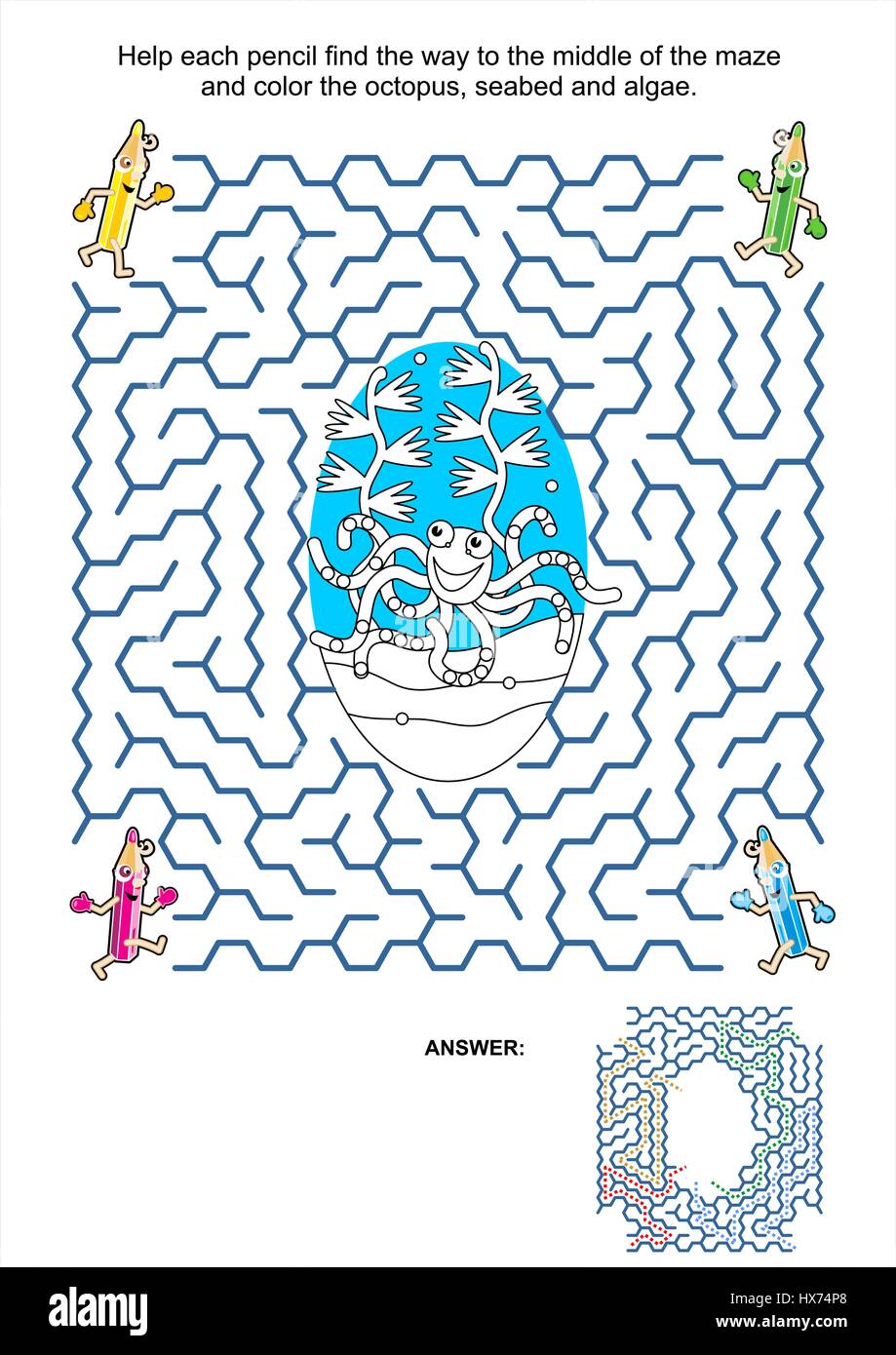 Maze game and coloring activity page for kids: Help each pencil find ...
