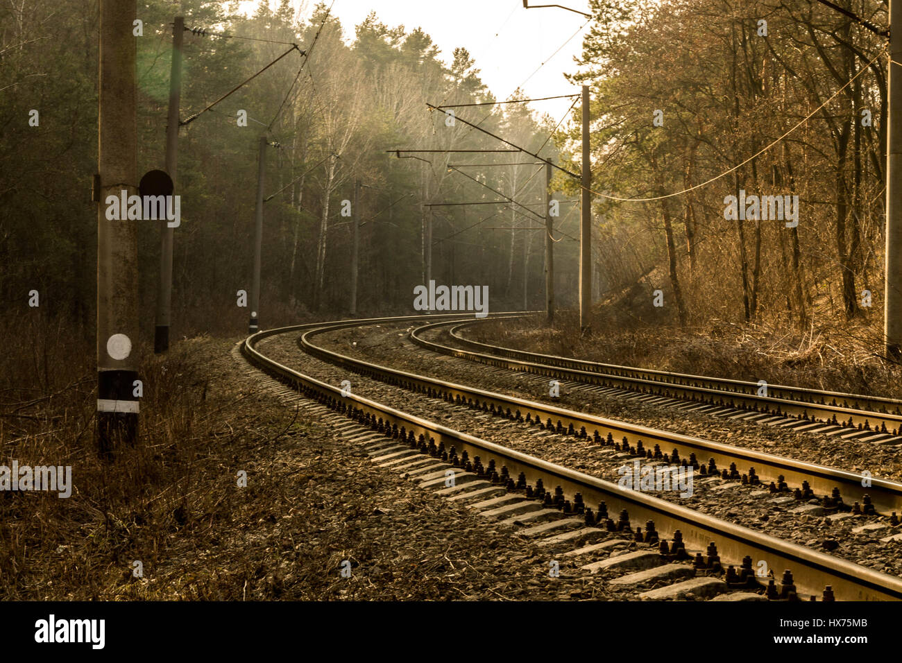 Rotate the road. Iron gauge. The road turns to the right. Iron path in ...