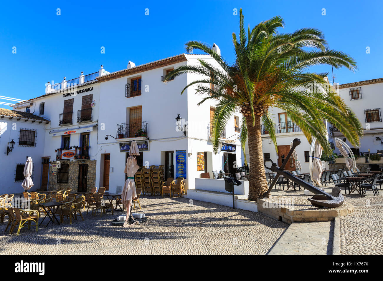 Main square and cafes, Altea Old Town, Altea, Costa Blanca, Spain Stock ...