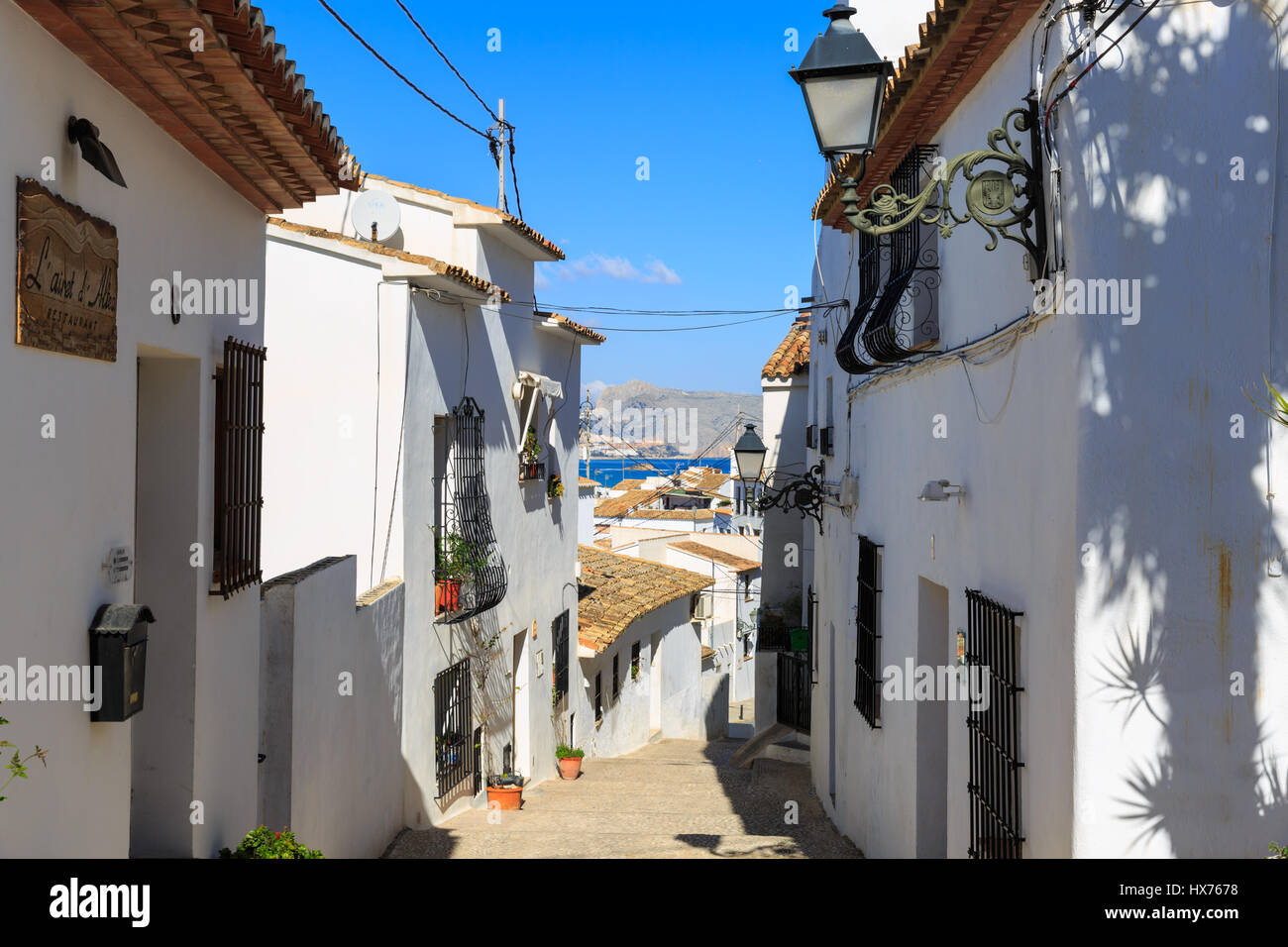 Typical street in Altea Old Town, Altea, Costa Blanca, Spain Stock ...
