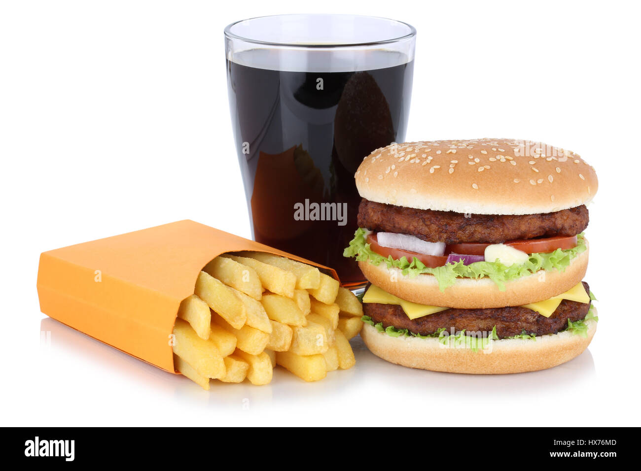 Double burger hamburger and french fries menu meal combo cola drink ...