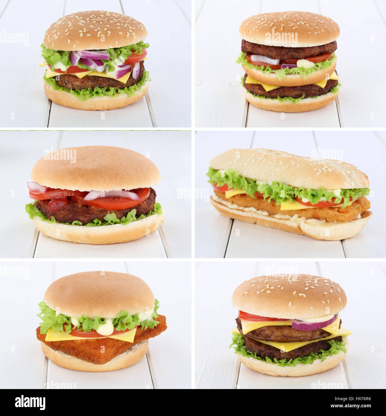 Hamburger collection set cheeseburger tomatoes lettuce cheese wooden ...