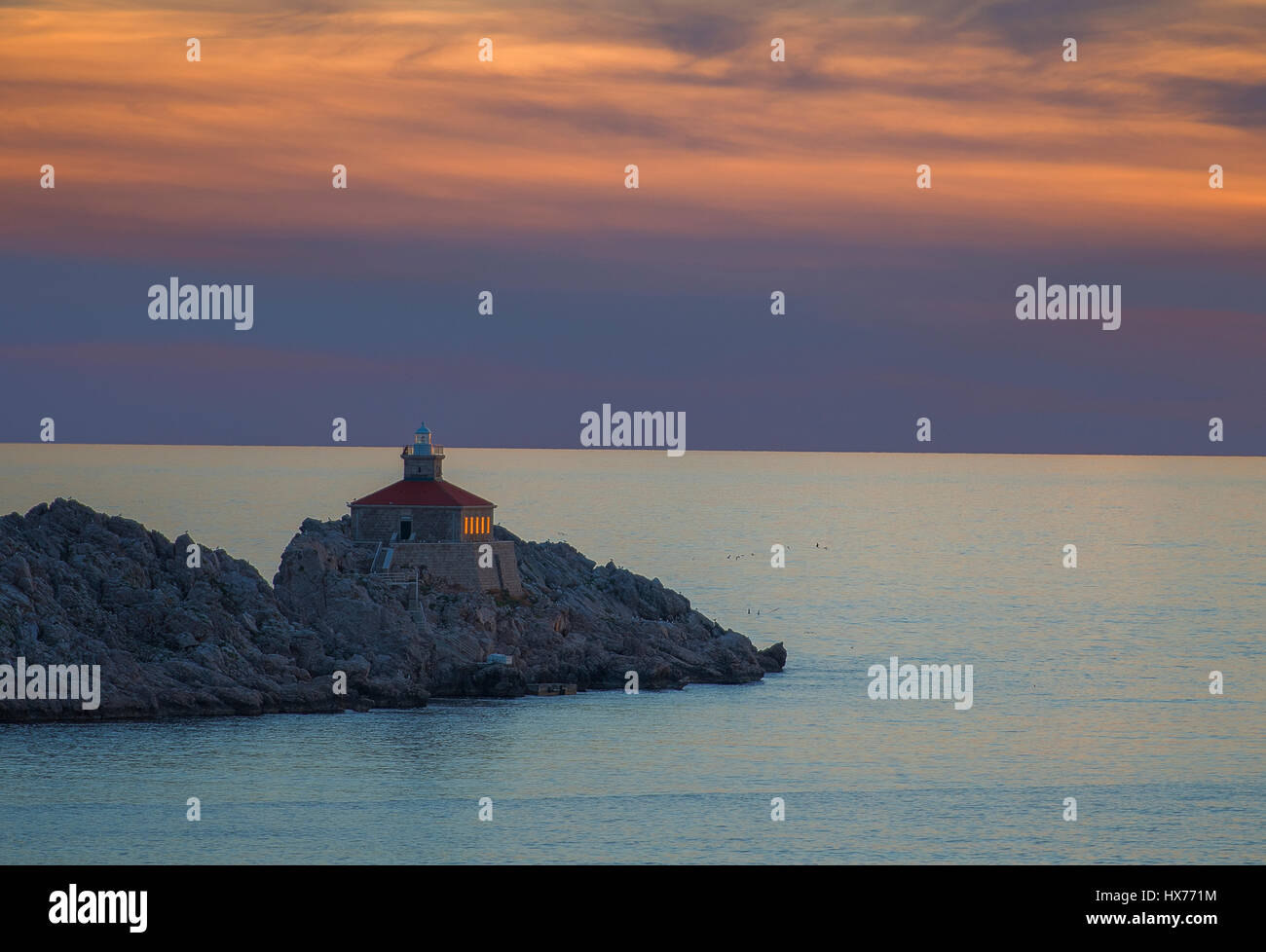 Lighthouse in sunset on island Grebeni, Dubrovnik, Croatia, view from ...
