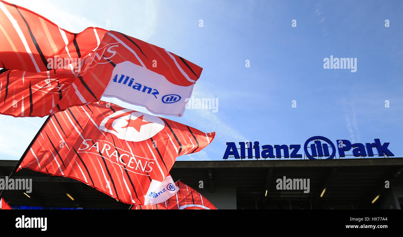Flags fly in the breeze before the Aviva Premiership match at Allianz ...