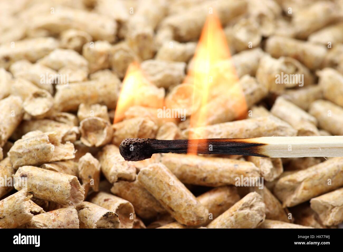 burning matchstick in front of wood pellets Stock Photo - Alamy