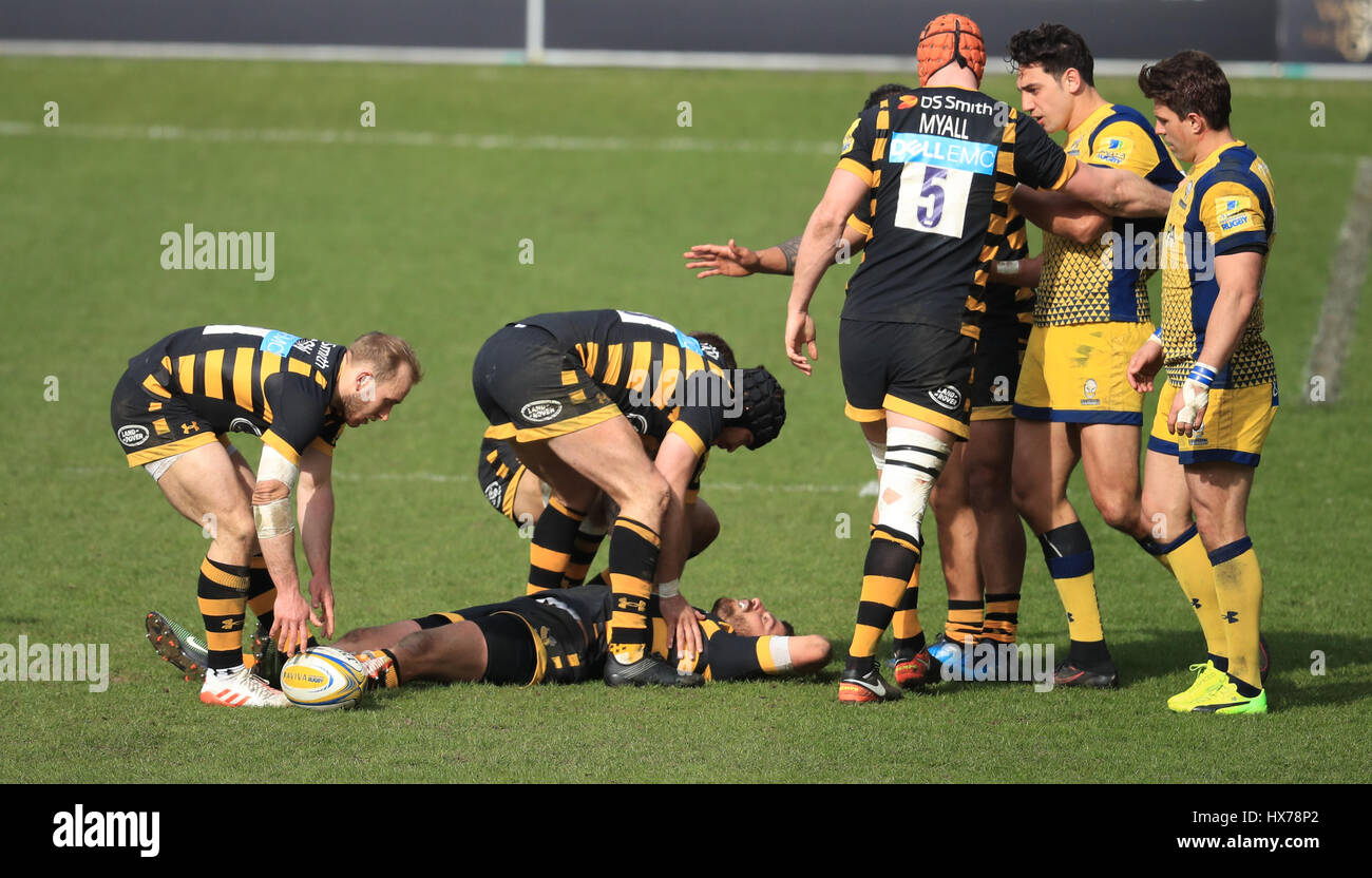 Wasps' Willie Le Roux lies on the floor after a challenge by and ...