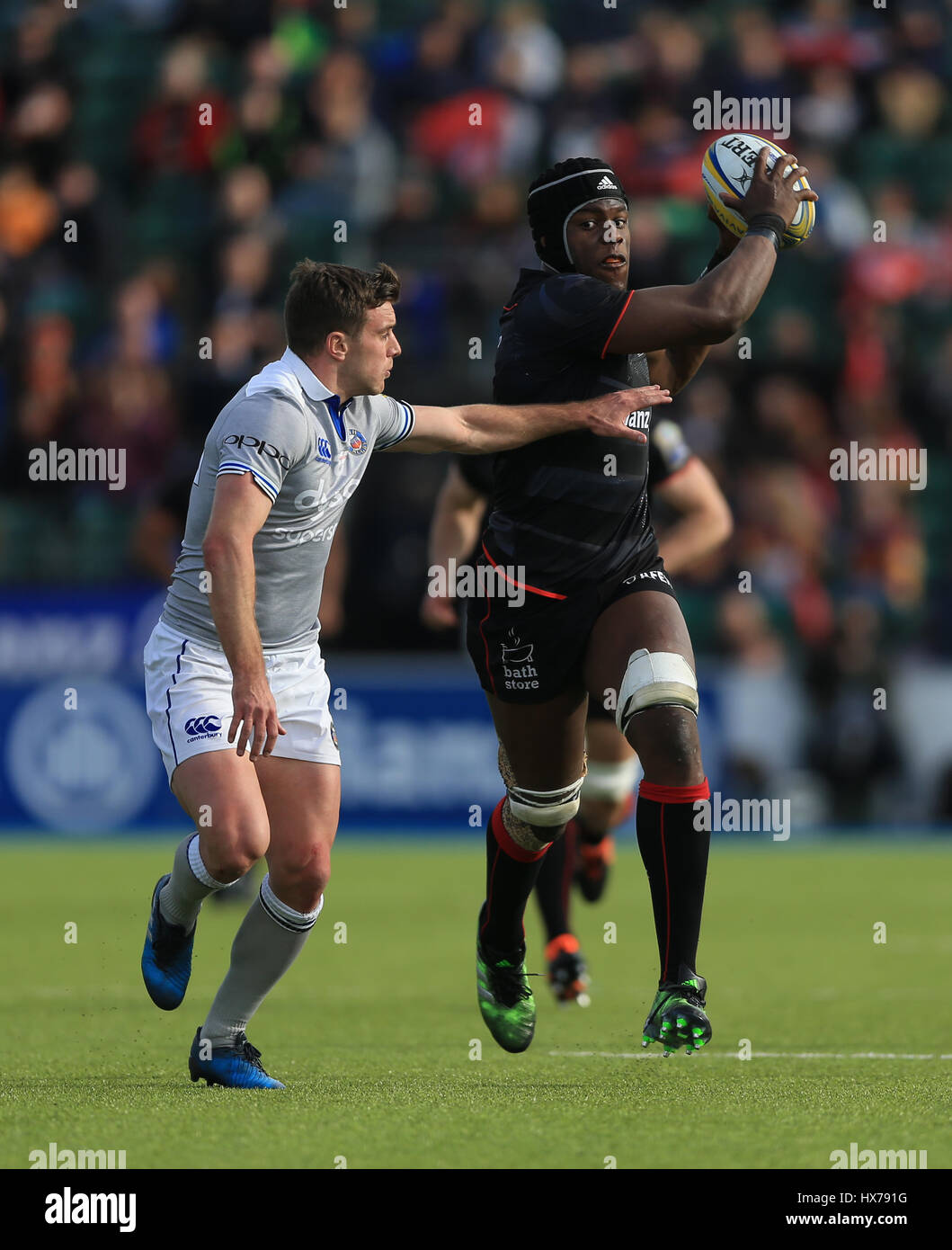 Saracens' Maro Itoje evades a tackle from Bath's George Ford during the ...