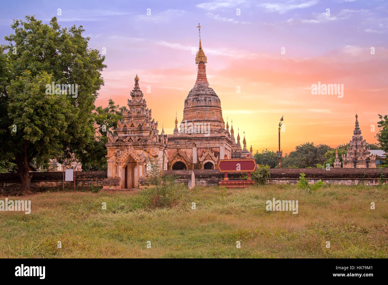 Ancient pagodas in the landscape from Bagan in Myanmar at sunset Stock ...