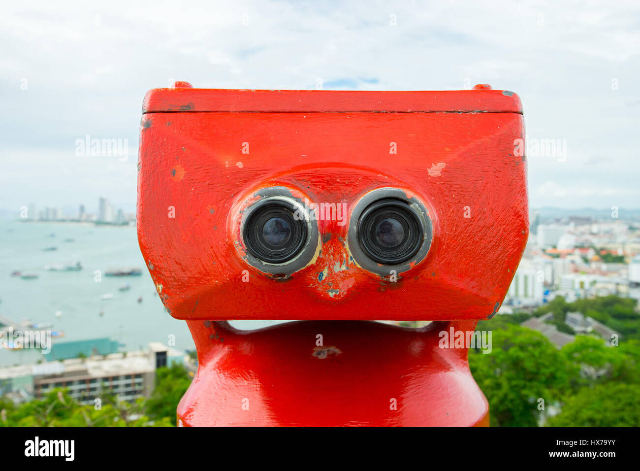 Coin operated vintage binocular overlooking Pattaya City Stock Photo ...