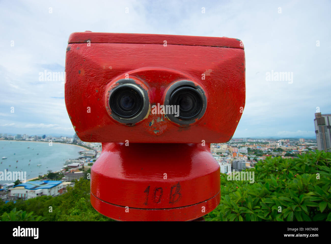 Coin operated vintage binocular overlooking Pattaya City Stock Photo ...