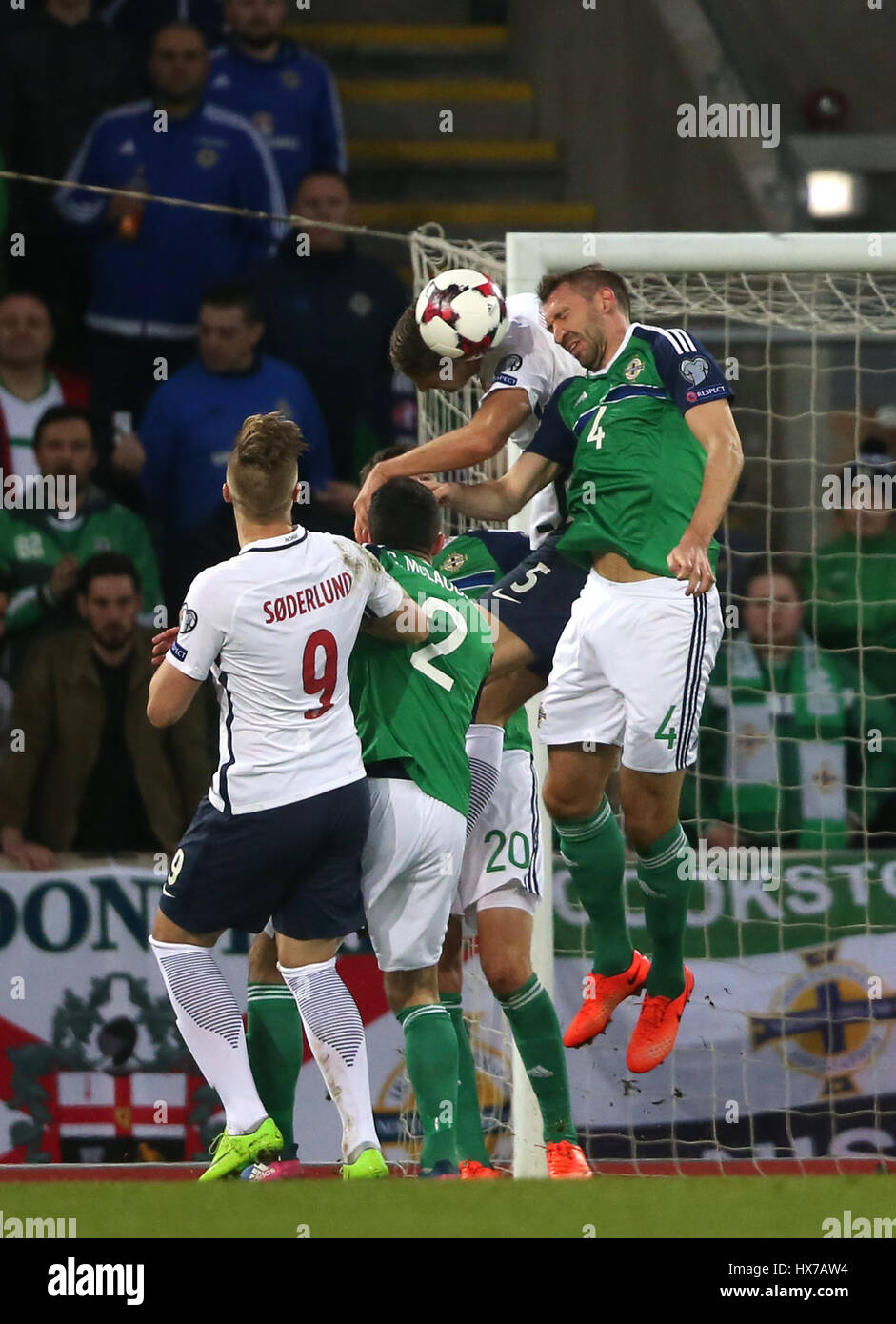 Northern Ireland's Gareth McAuley (right) and Norway's Gustav Valsvik ...