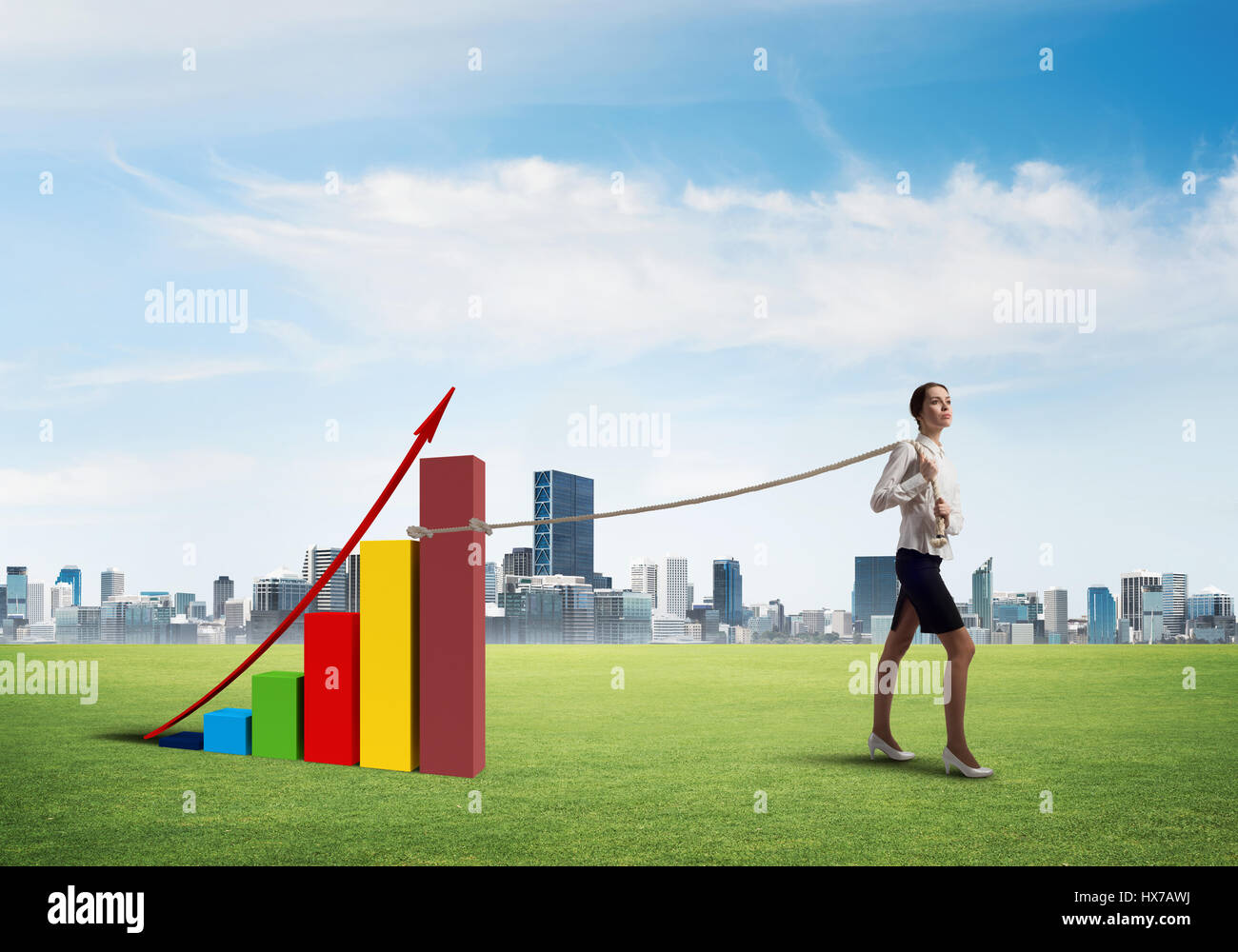 Businesswoman pulling arrow with rope and making it raise up Stock ...