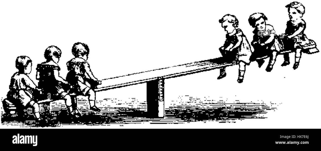 A whimsical depiction of children playing on a seesaw, capturing a ...