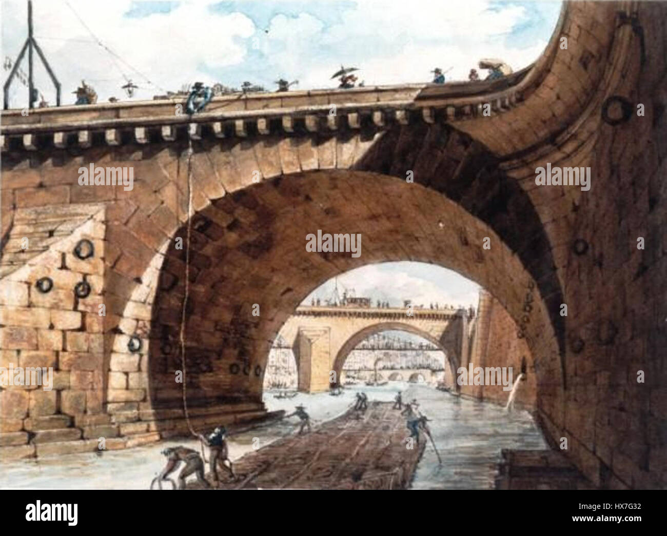 A historical depiction of the Pont au Change bridge in Paris, painted ...