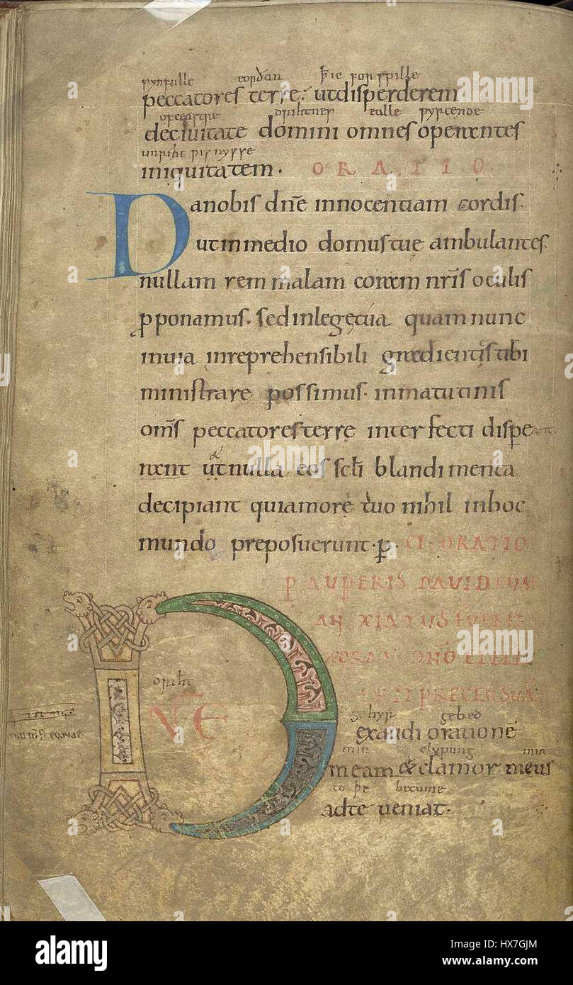 This illuminated manuscript, from the Stowe Psalter, features a ...