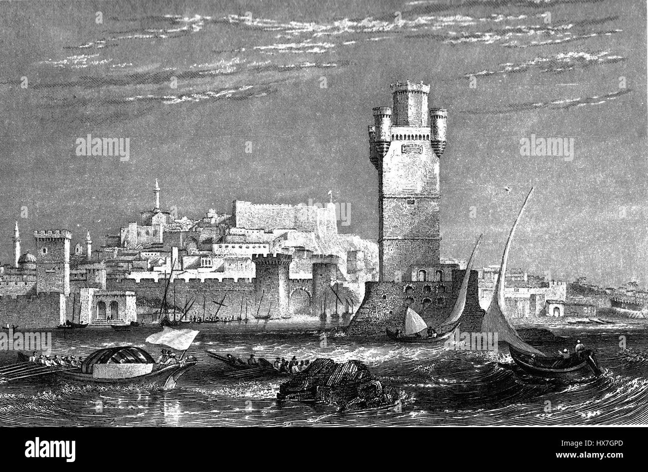 A depiction of the Rhodes Tower, an architectural landmark from the ...