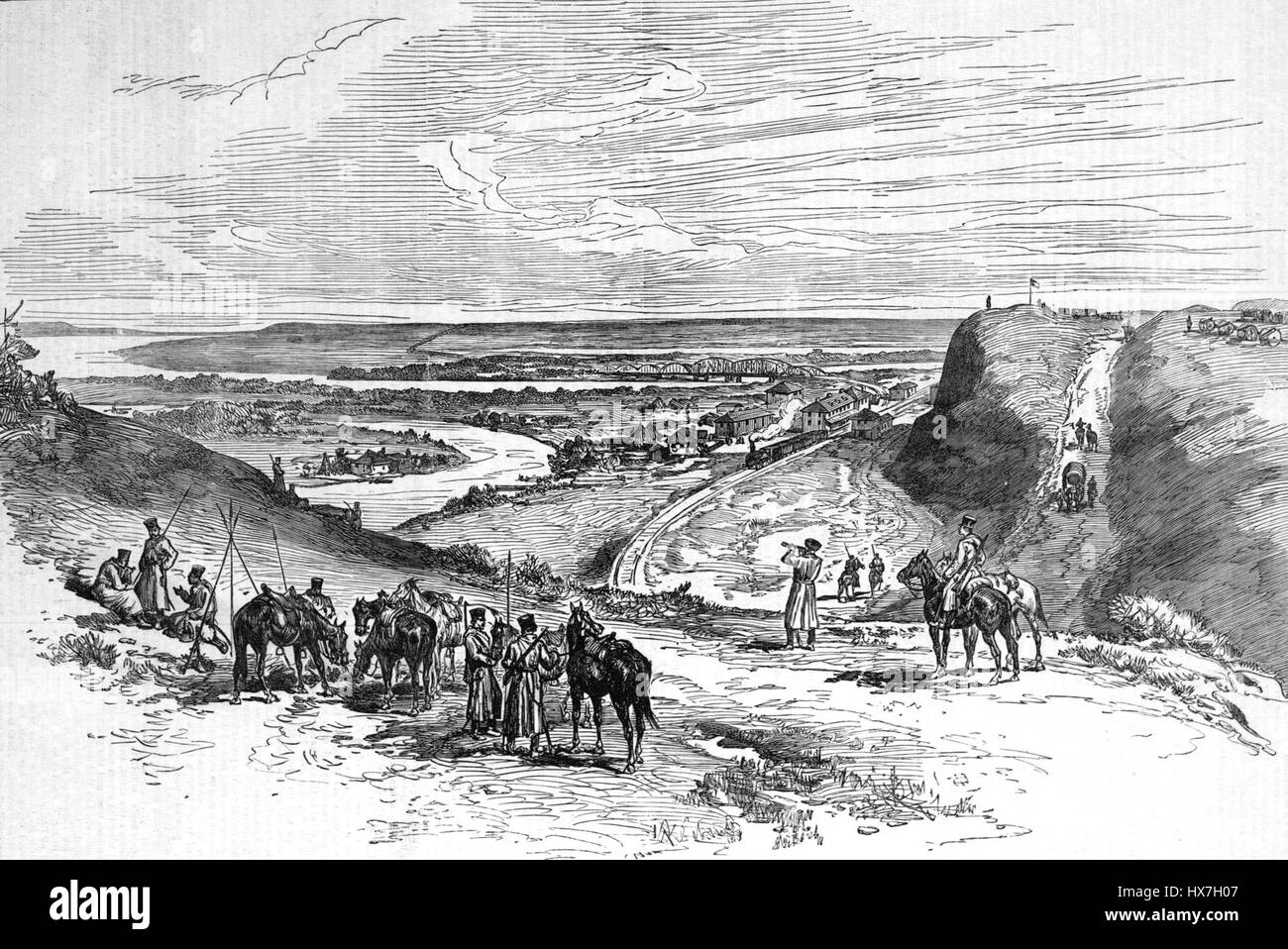 The railway bridge over the Sereth River at Barboschi, viewed from the Plateau of Zighina, is an ...