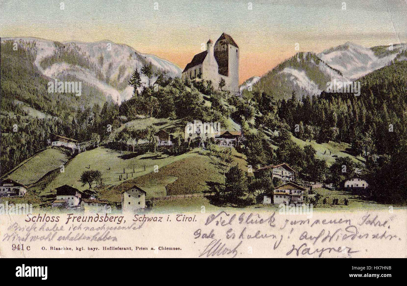 A lithographic postcard from 1904 depicting Schloss Freundsberg in ...