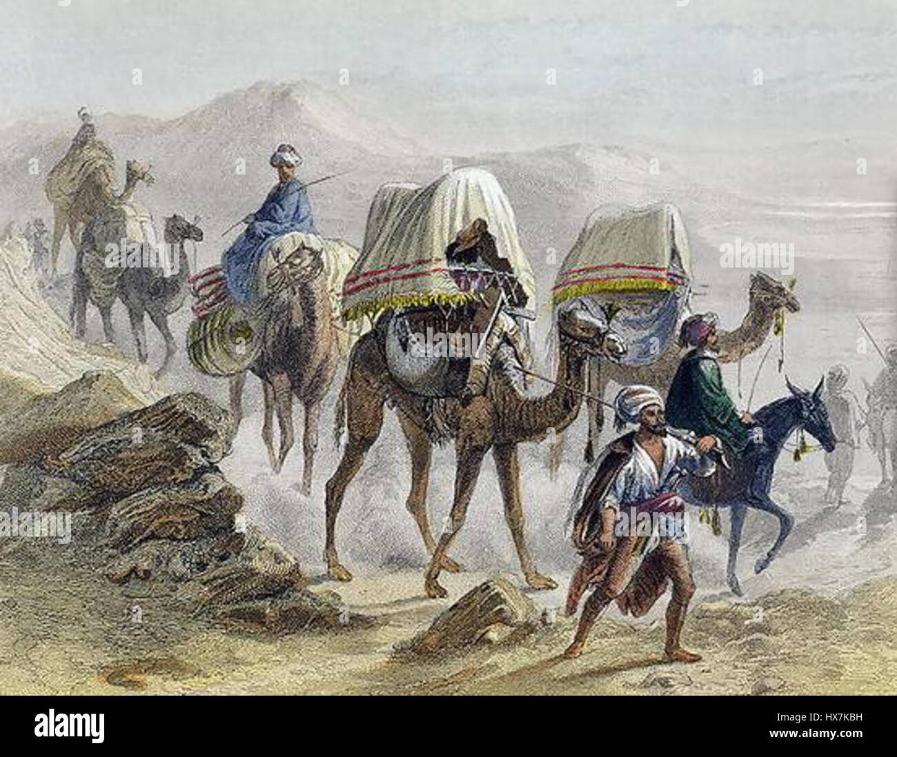 This painting depicts a camel train traversing a desert landscape ...